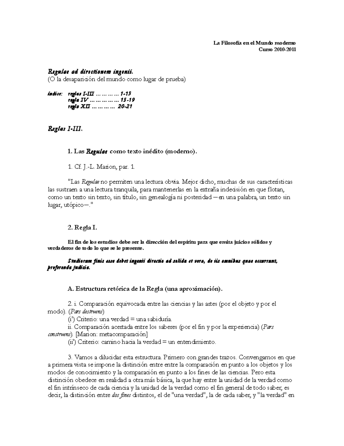 Análisis y comentario de las Regulae de Descartes (reglas I, II, III ...