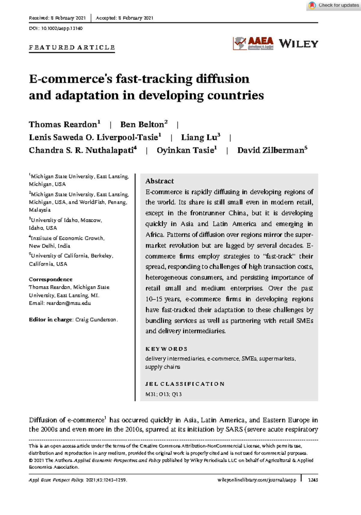 Applied Eco Perspectives Pol - 2021 - Reardon - E‐commerce s fast ...