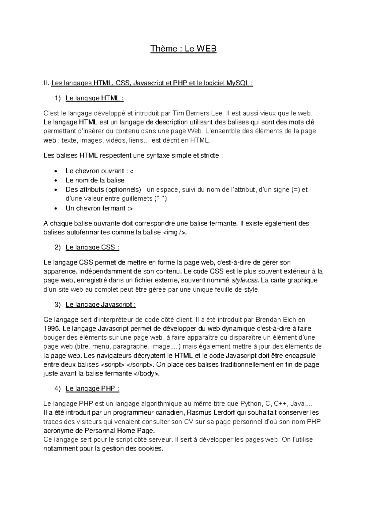 Cours le web seconde - Thème : Le WEB II. Les langages HTML, CSS ...