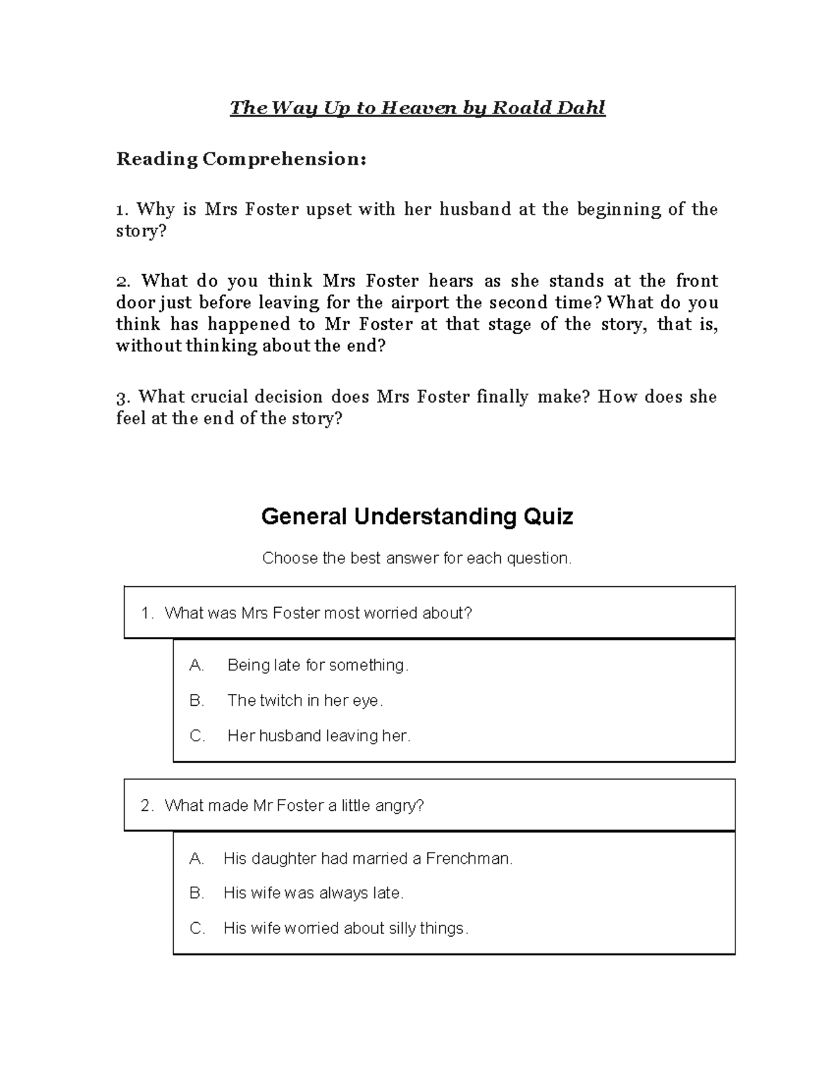 Roald Dahl- The Way Up to Heaven- RC and General Understanding Quiz- ST ...