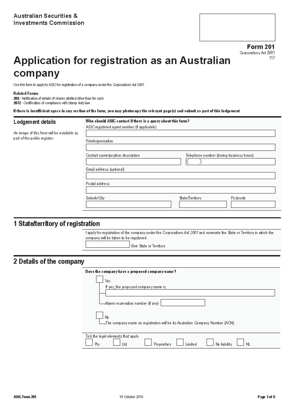ASIC Form 201 - Application for registration as an Australian company ...