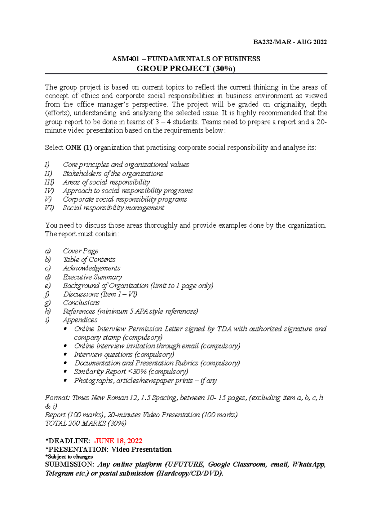 ASM401 Group Project Guidelines MAR - AUG 2022 - BA232/MAR - AUG 2022 ASM401 – FUNDAMENTALS OF ...