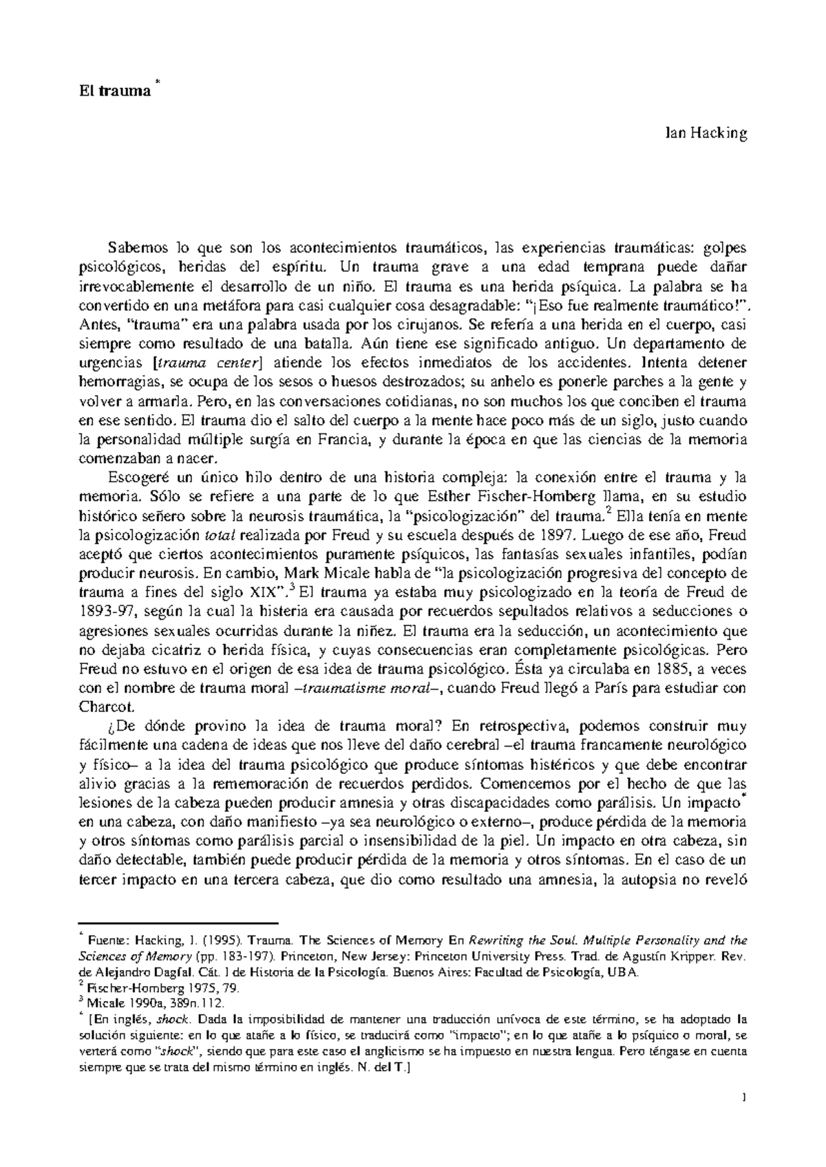 U1 2. Teo - Hacking El trauma - El trauma * Ian Hacking Sabemos lo que ...