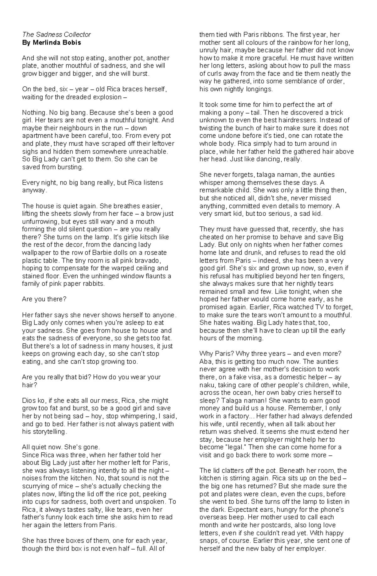 The Sadness Collector by Merlinda Bobis - The Sadness Collector By ...