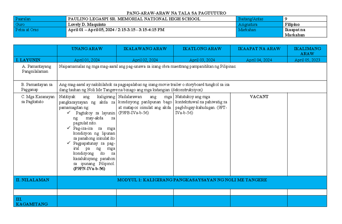 DLL unang Linggo - Daily Lesson Log sa Filipino 9- ikaapat na markahan ...