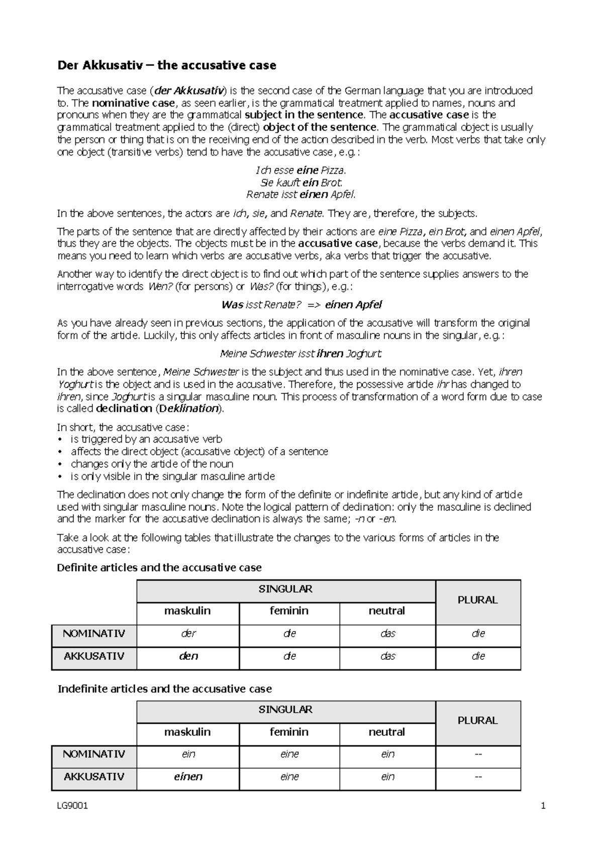 LG9001 Accusative - LG9001 1 Der Akkusativ – the accusative case The ...