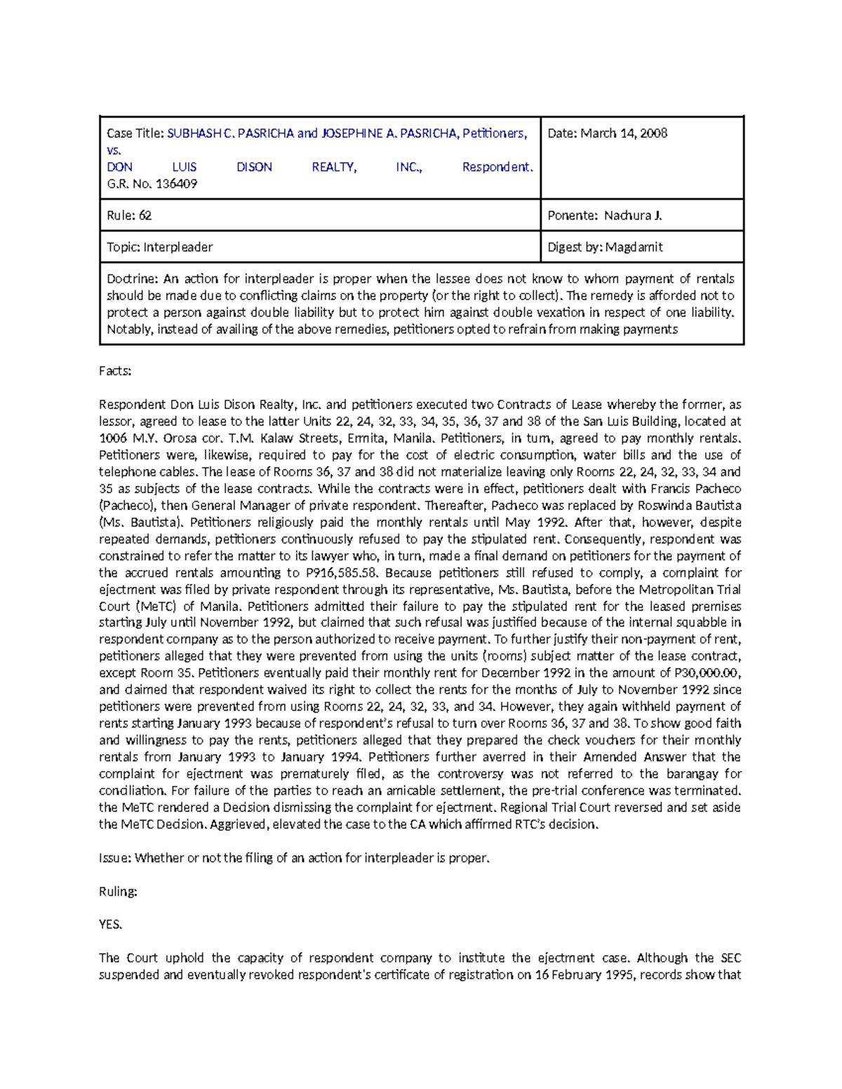 3_Pasricha v. Don Luis Dizon Realty - Summary remedial law - Case Title ...