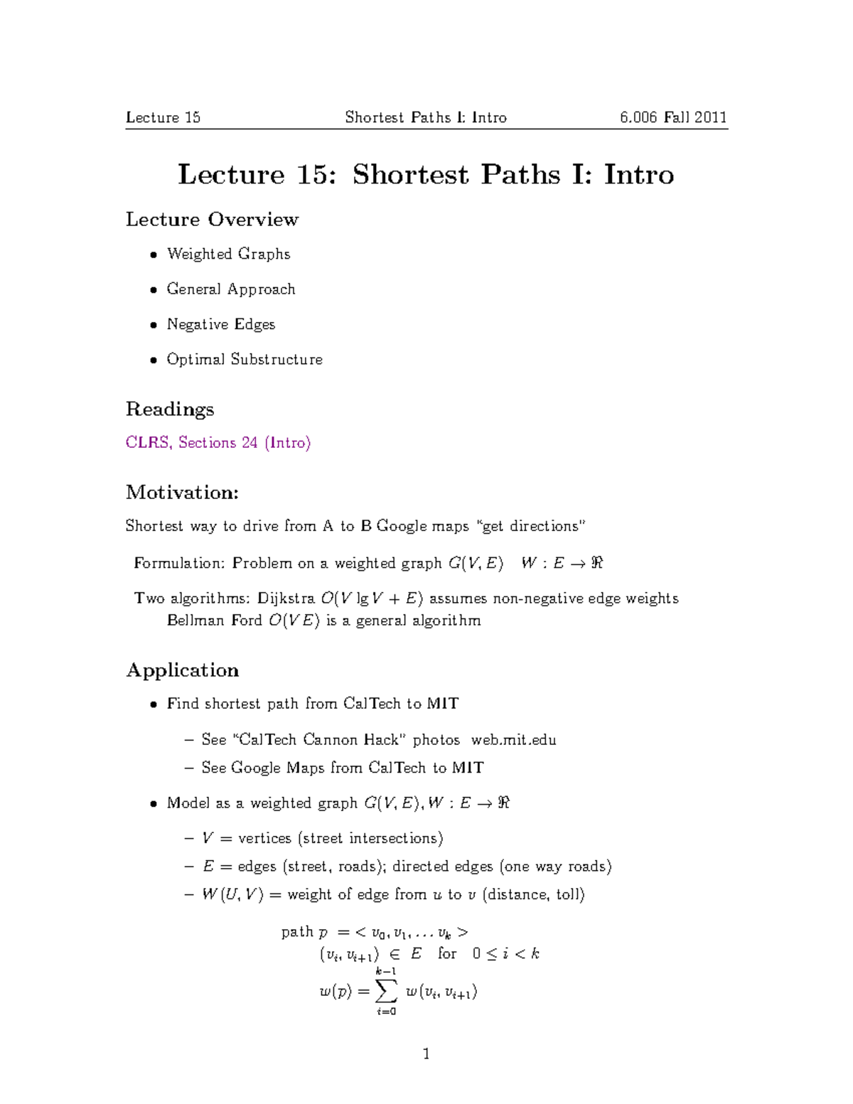 Shortest Paths I Intro Lecture 15 Shortest Paths I Intro Lecture