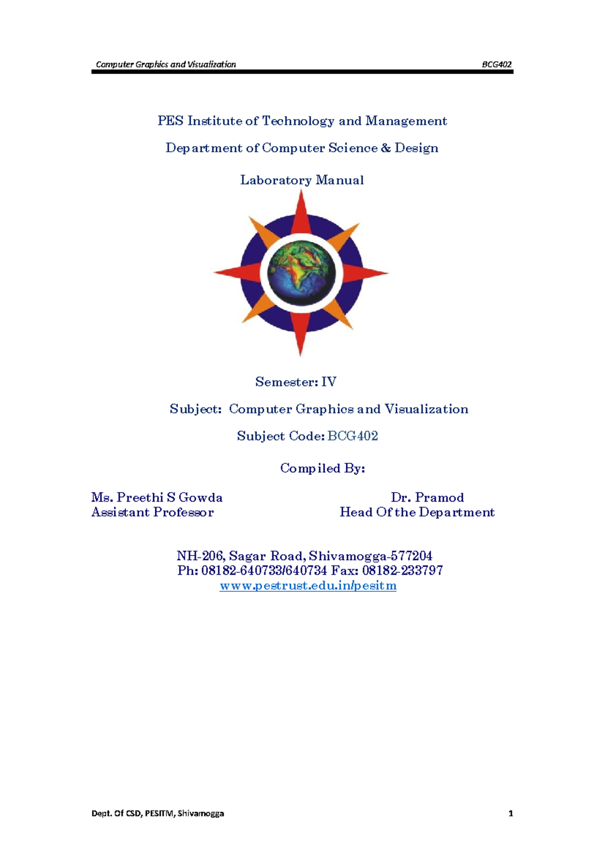 Cg lab mannual - CGV lab manual - PES Institute of Technology and Management Department of ...