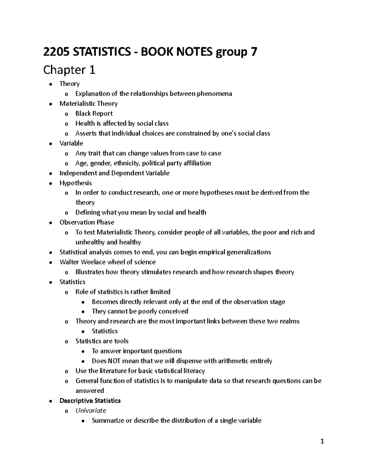 2205 Notes Chapters 1-6 - 2205 STATISTICS - BOOK NOTES group 7 Chapter ...