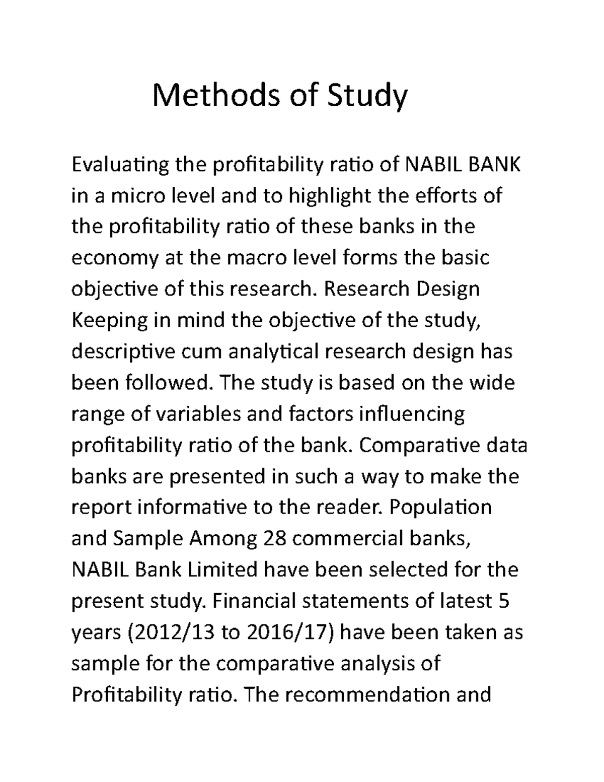 Methods of Study - Grade: A - Methods of Study Evaluating the profitability ratio of NABIL BANK ...