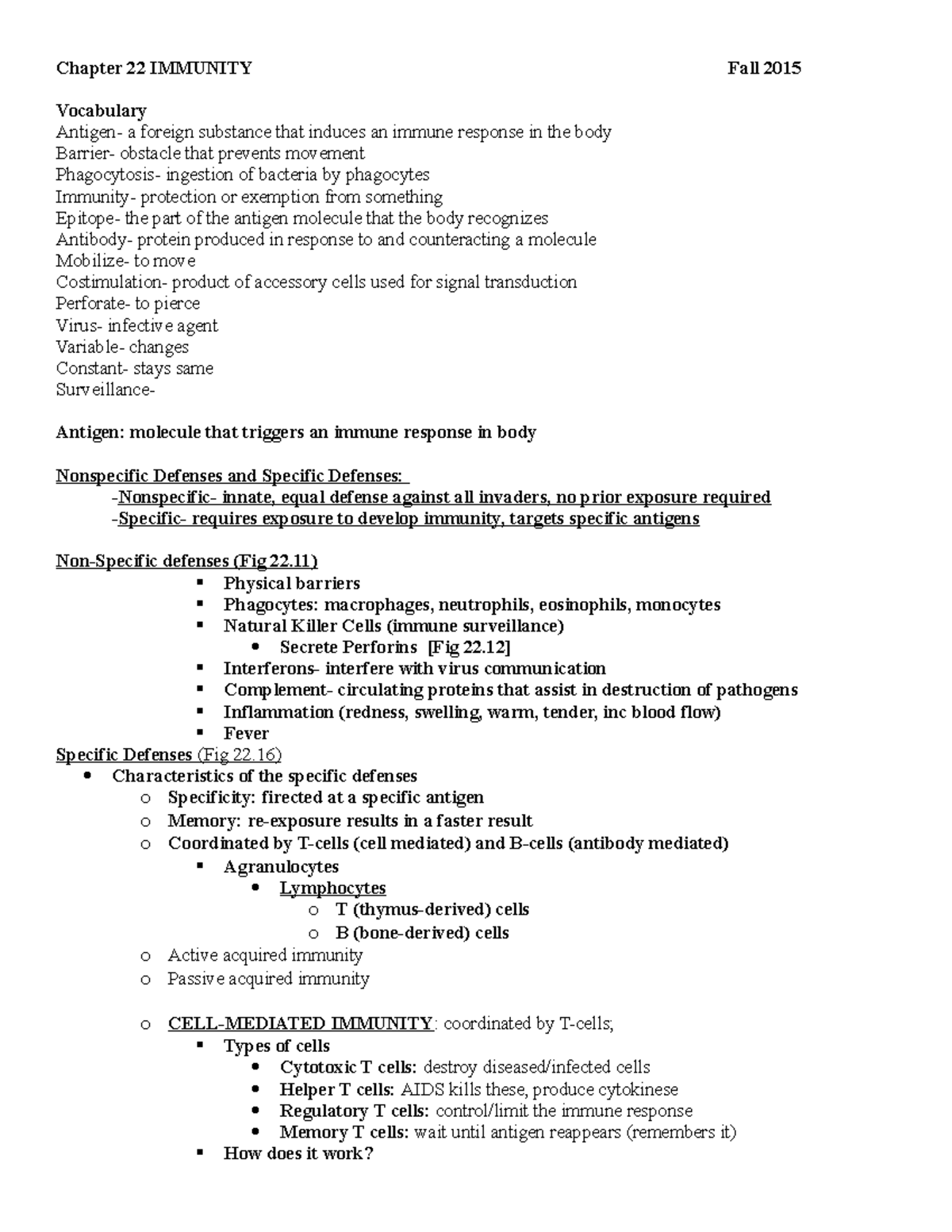 Immunity outline - Chapter 22 IMMUNITY Fall 2015 Vocabulary Antigen- a ...