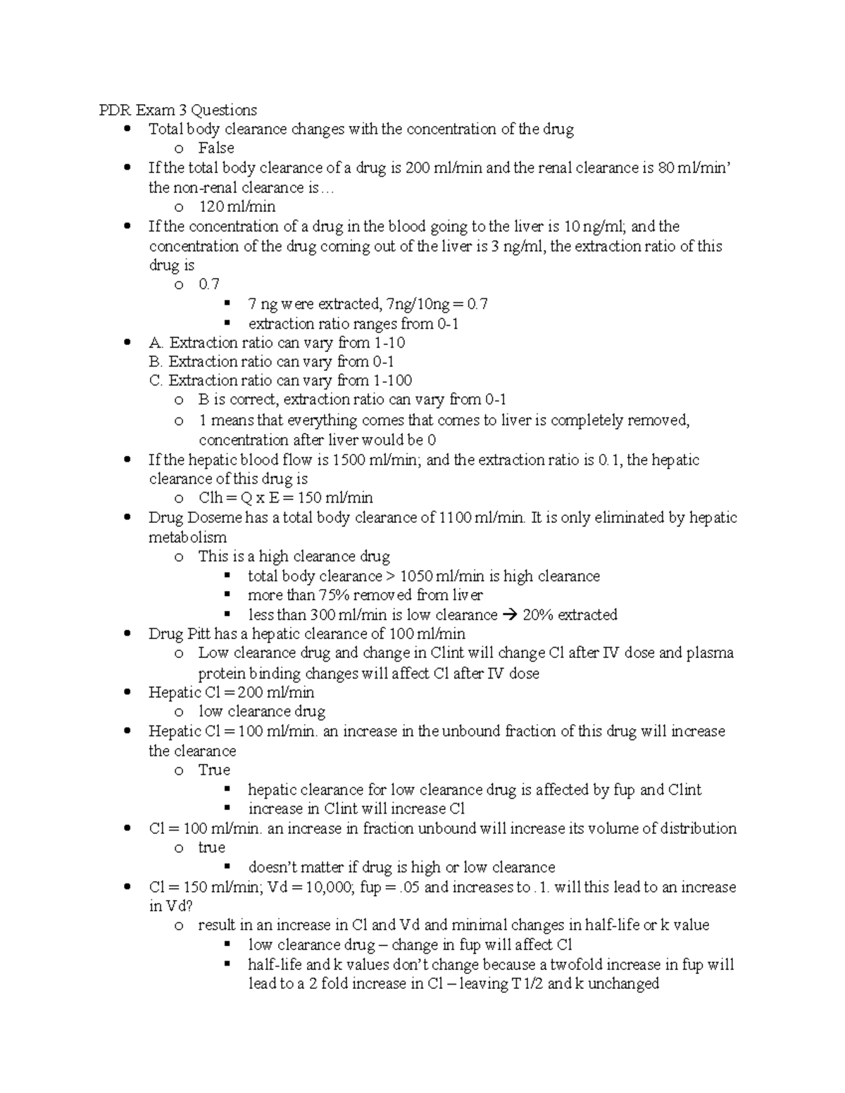 PDR Exam 3 Study Questions - PDR Exam 3 Questions Total body clearance ...
