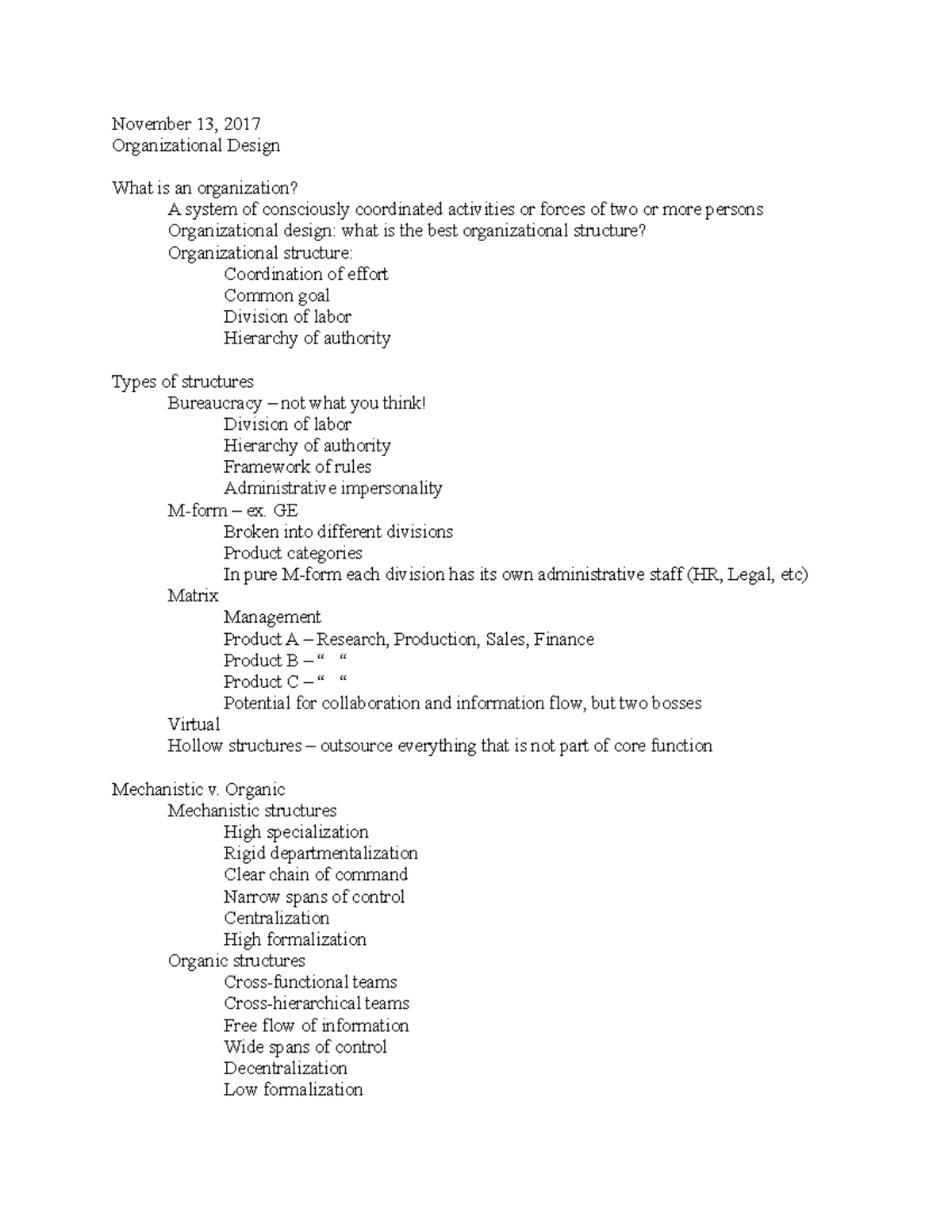11.13.17 notes - November 13, 2017 Organizational Design What is an ...