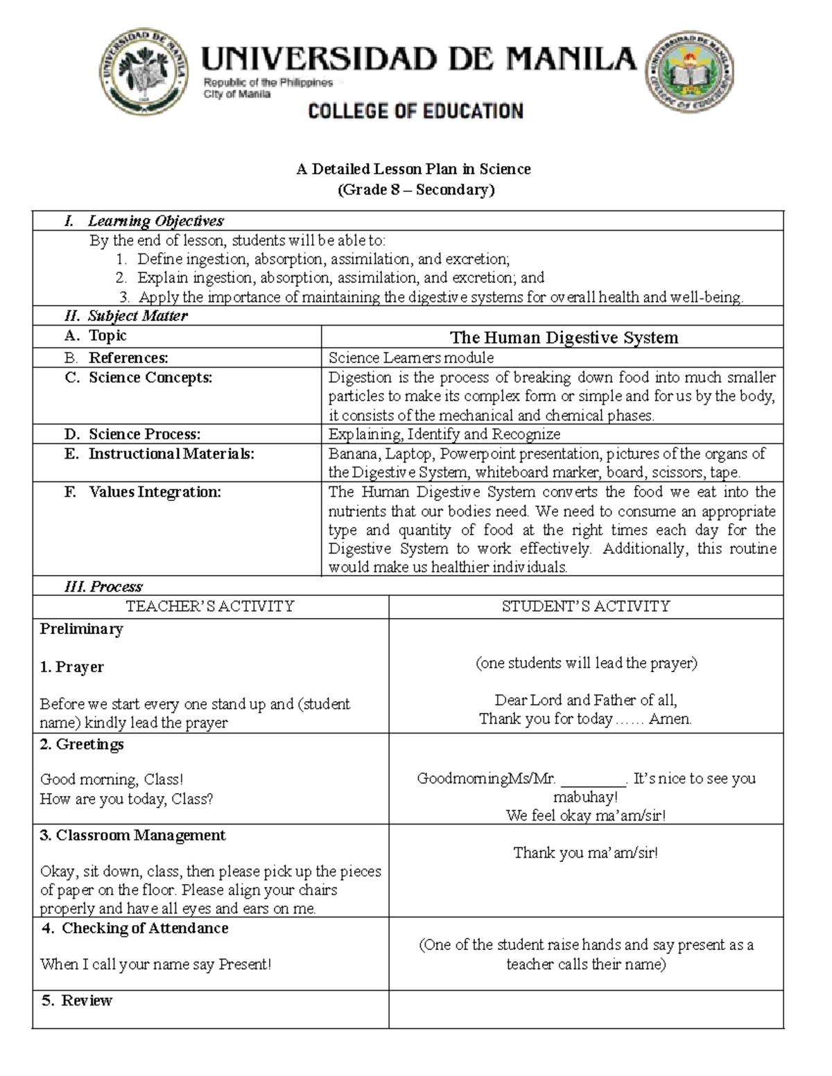 Human Digestive System 1 - A Detailed Lesson Plan in Science (Grade 8 ...
