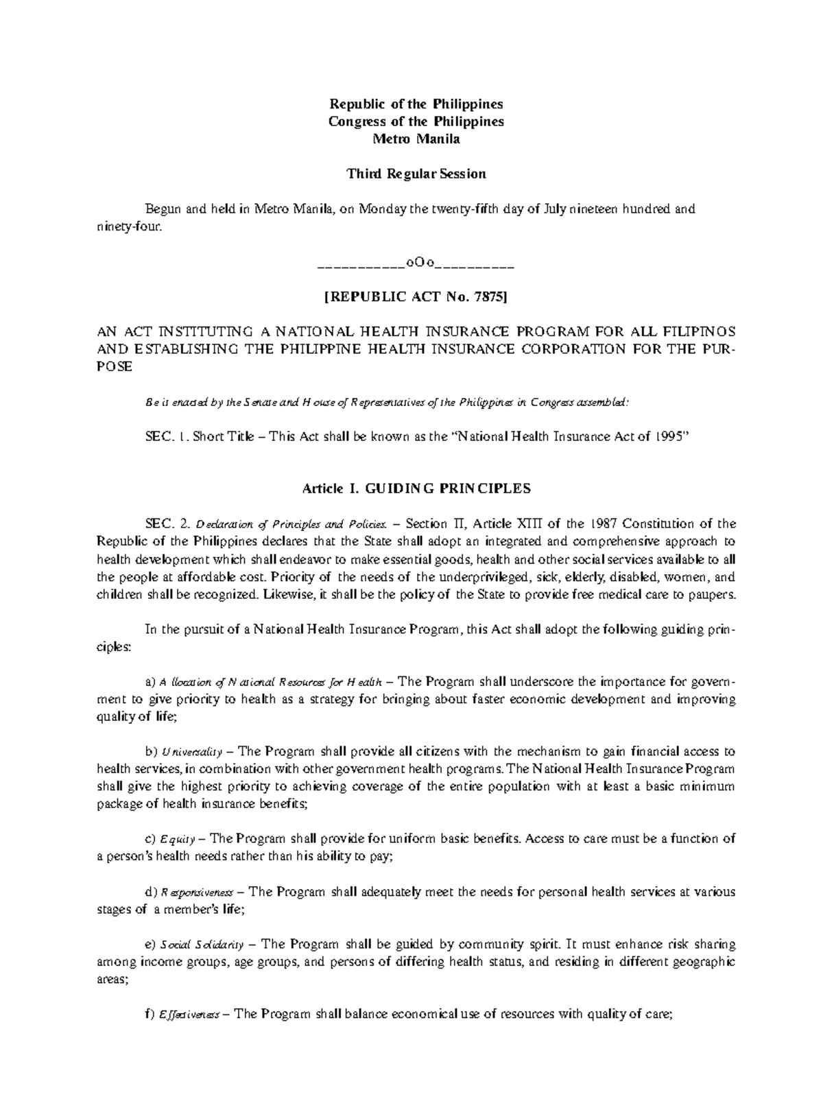 Ra7875 - “AN ACT INSTITUTING A NATIONAL HEALTH INSURANCE PROGRAM FOR ...