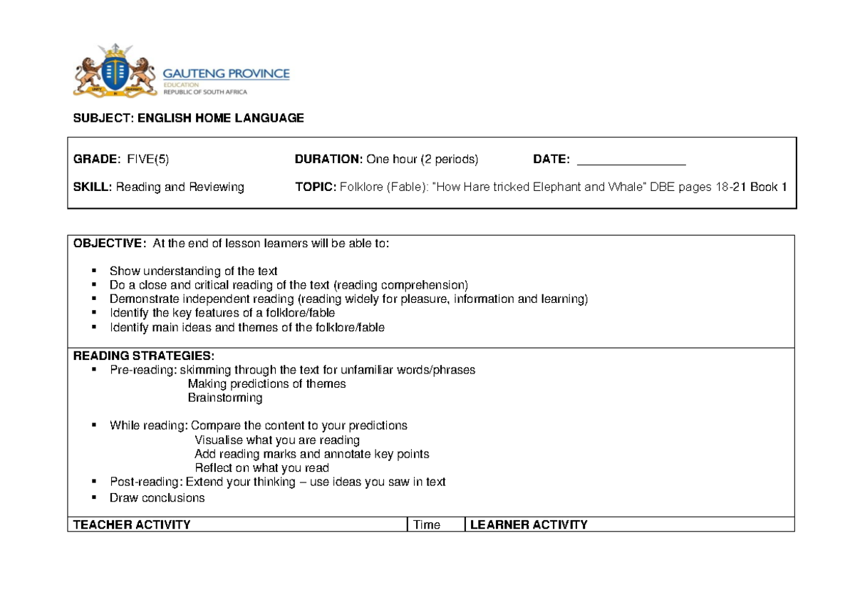 Grade 5 English (HL) Folklore Lesson Plan - SUBJECT: ENGLISH HOME ...