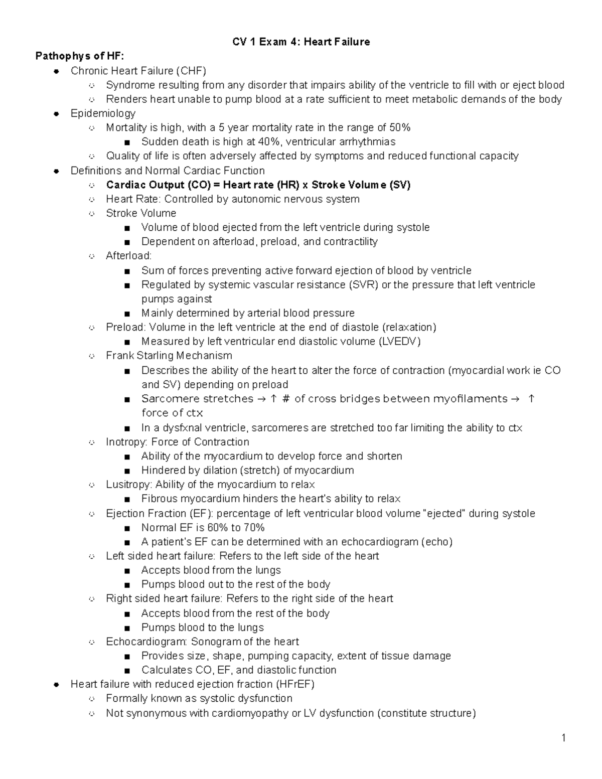 CV 1 Exam 4 Heart Failure - CV 1 Exam 4: Heart Failure Pathophys of HF ...