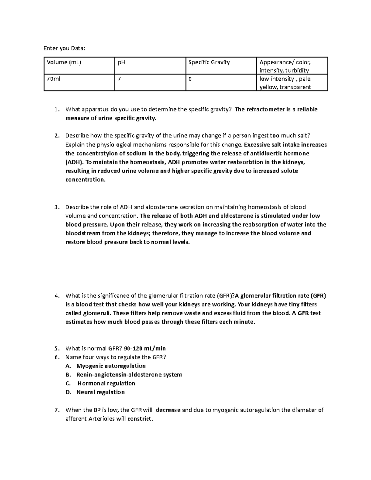 Lab of the week - Enter you Data: Volume (mL) pH Specific Gravity ...