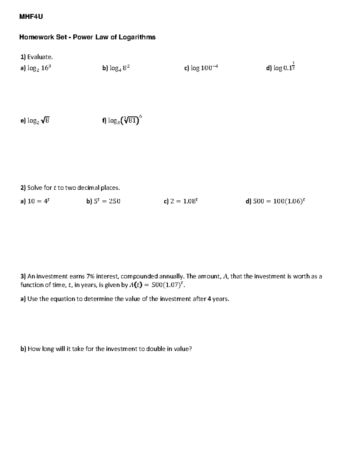 Homework Set - Laws of Logarithms - W 2 – 6 – Power Law of Logarithms ...