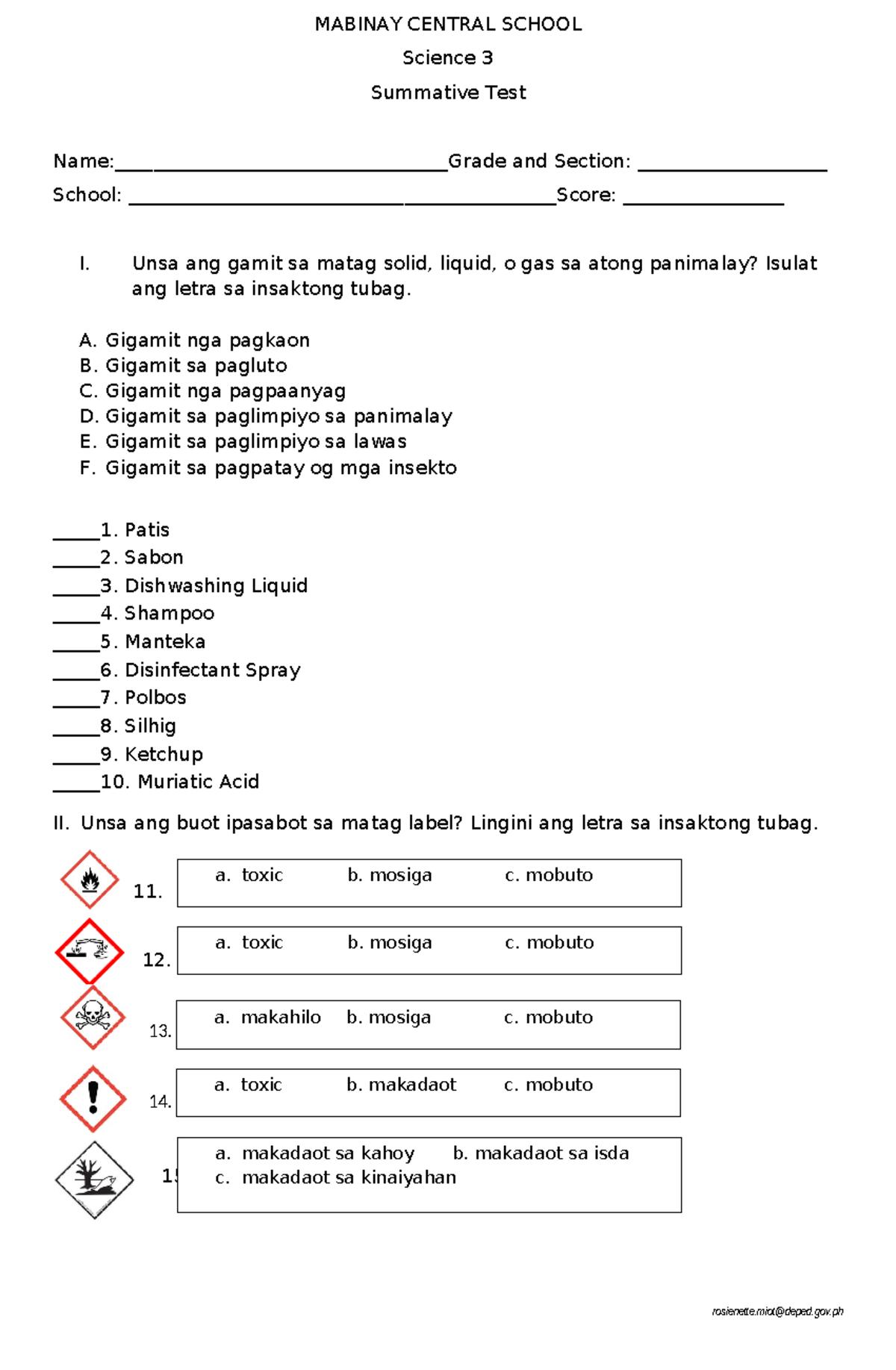ST Science 3 Q1 - MABINAY CENTRAL SCHOOL Science 3 Summative Test - Studocu