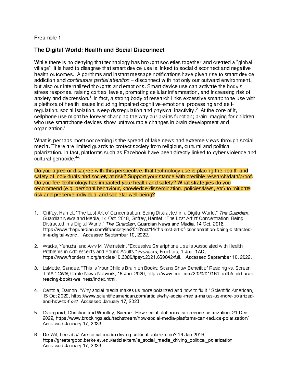 Preamble 1 - Technology F23 - Preamble 1 The Digital World: Health and ...