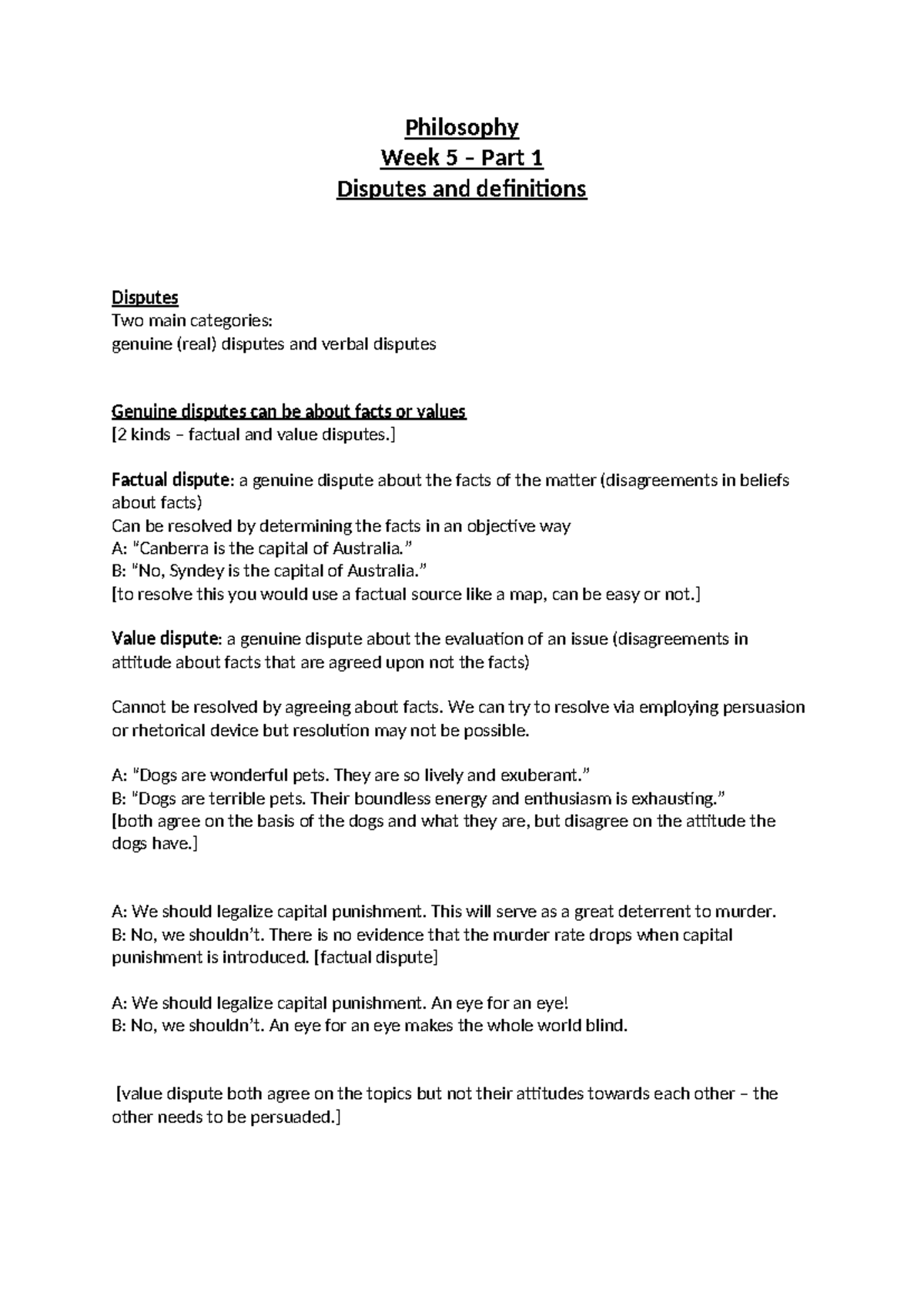 Philosophy week 5 notes - Philosophy Week 5 – Part 1 Disputes and ...