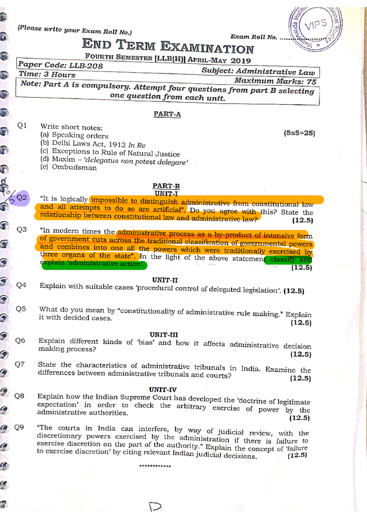 Administrative Law Previous Year Papers - VIPS (Please write your Exam Roll No.) Exam Roll No ...