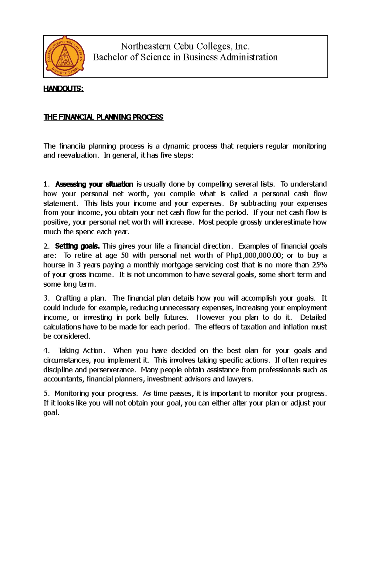 Financial Planning Process - Northeastern Cebu Colleges, Inc. Bachelor ...