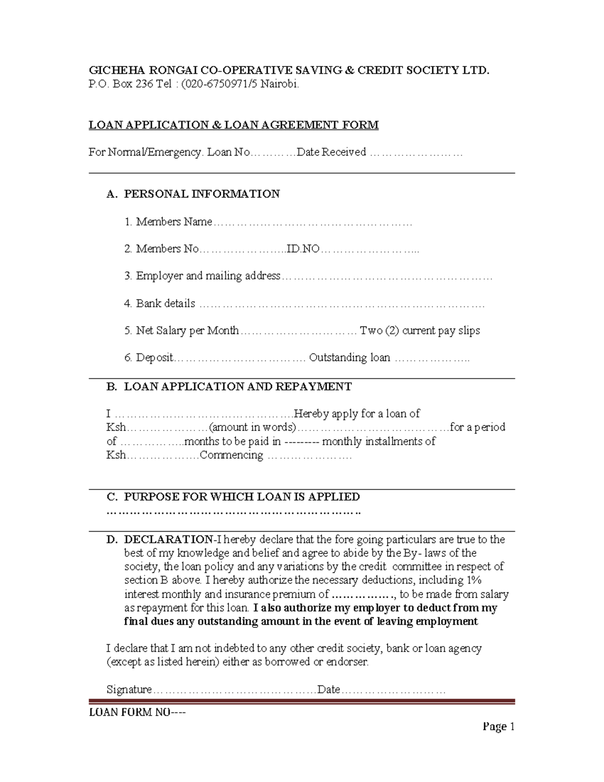 Loan Forms Sheet - GICHEHA RONGAI CO-OPERATIVE SAVING & CREDIT SOCIETY ...