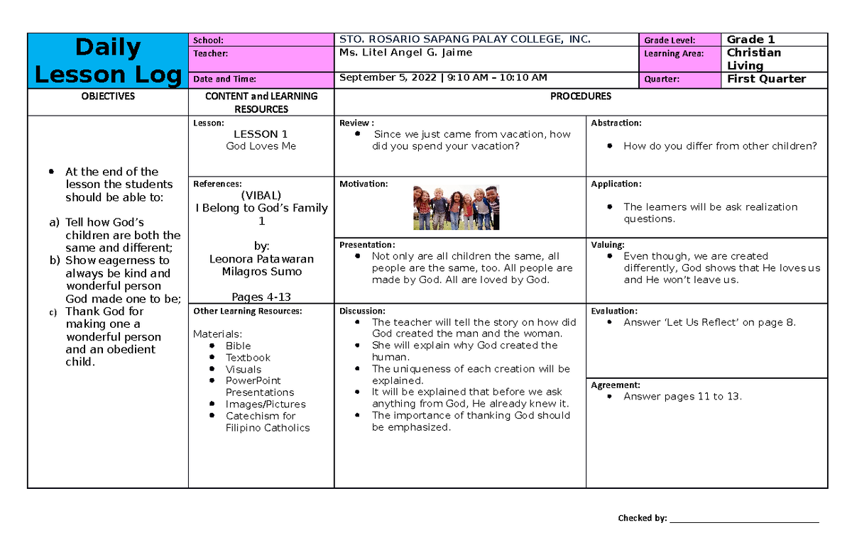 DLL CL1 L1 - Very nice. - Daily Lesson Log School: STO. ROSARIO SAPANG ...