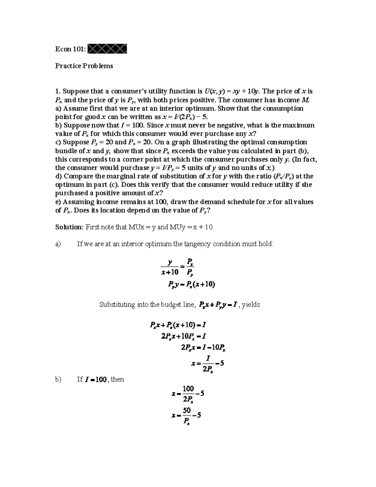 Practice Problems 2 - Econ 101: Practice Problems Suppose that a ...