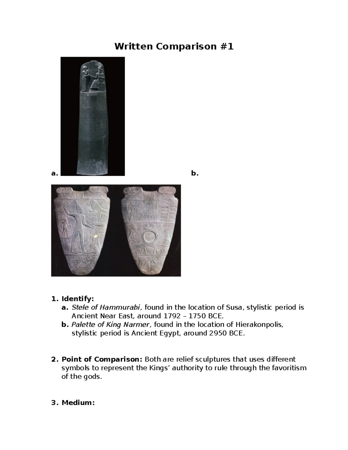 Written Comparison #1 - Written Comparison a. b. Identify: a. Stele of ...