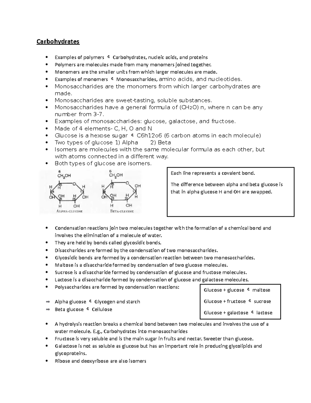 Biology Notes - Carbohydrates · Examples of polymers Carbohydrates ...