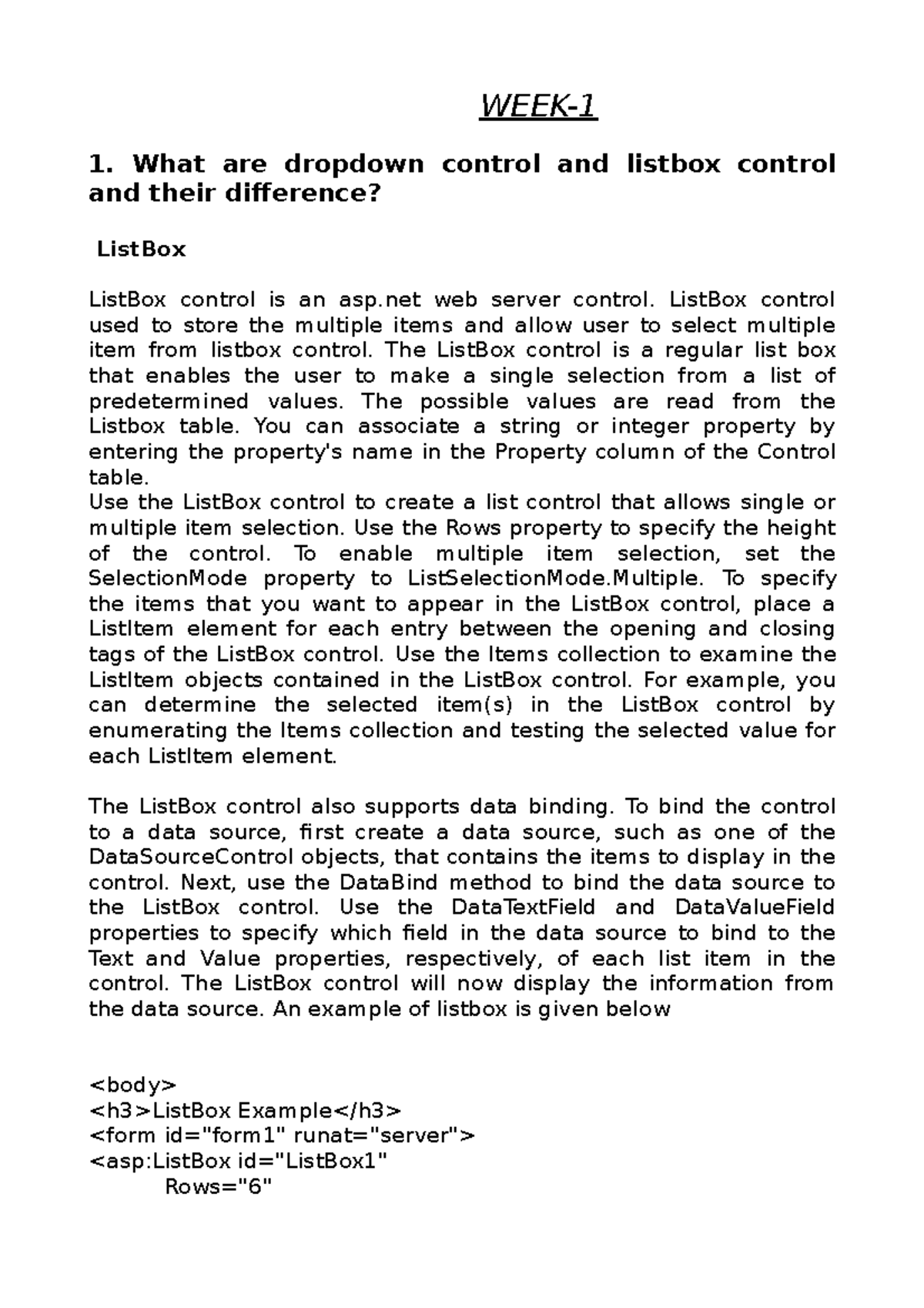 Asp assignement - Asp assignment - WEEK- 1. What are dropdown control and listbox control and ...