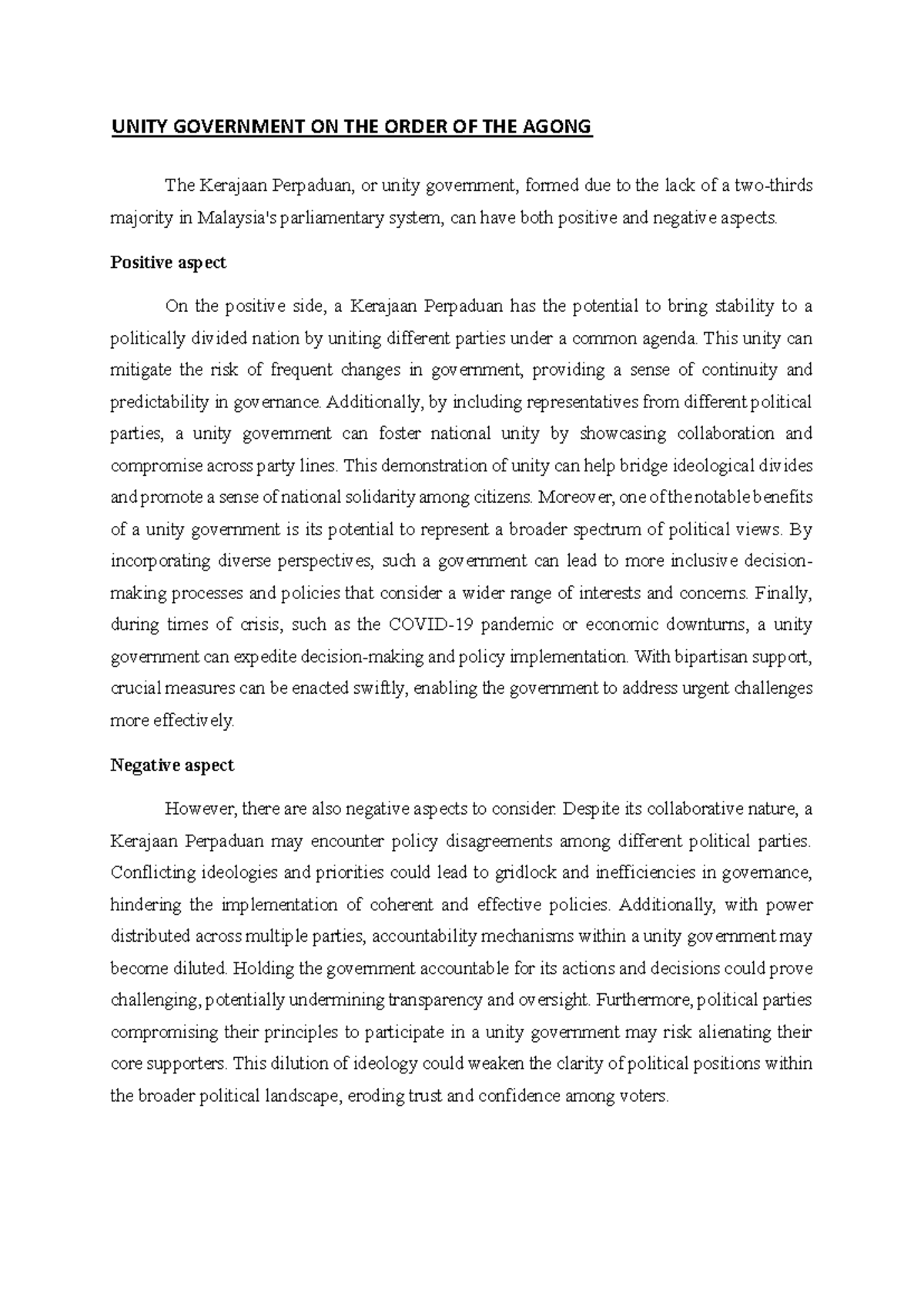 UNITY GOVERNMENT OF MALAYSIA (CONSTI) - UNITY GOVERNMENT ON THE ORDER ...
