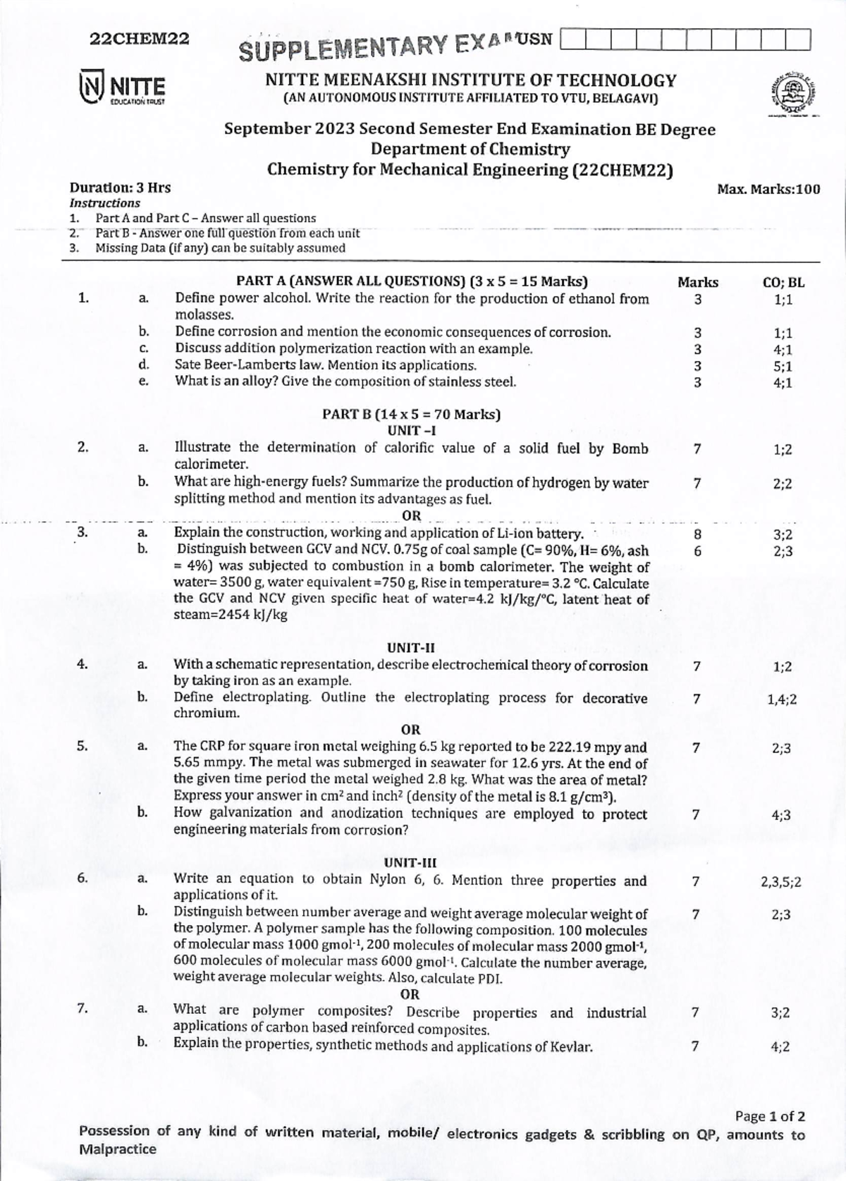 22CHEM22 Sup Sep 2023 - Old Question paper - 22CHEM22 SUPPLEMENTARY ...