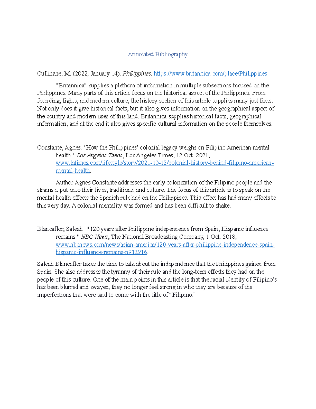 Annotated Bibliography 1 - Annotated Bibliography Cullinane, M. (2022 ...