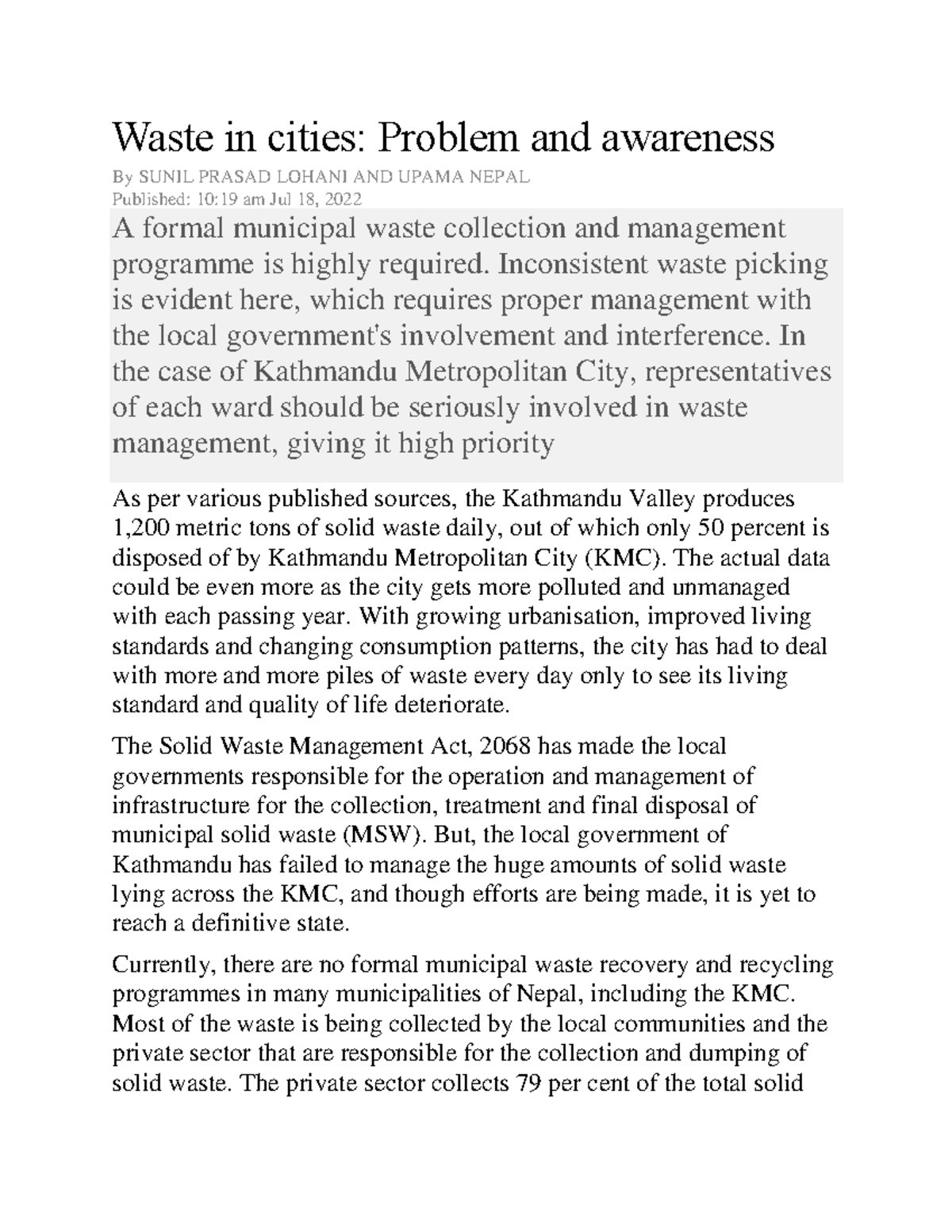 Waste in cities - hijhede;daewesds - Waste in cities: Problem and awareness SUNIL PRASAD LOHANI ...