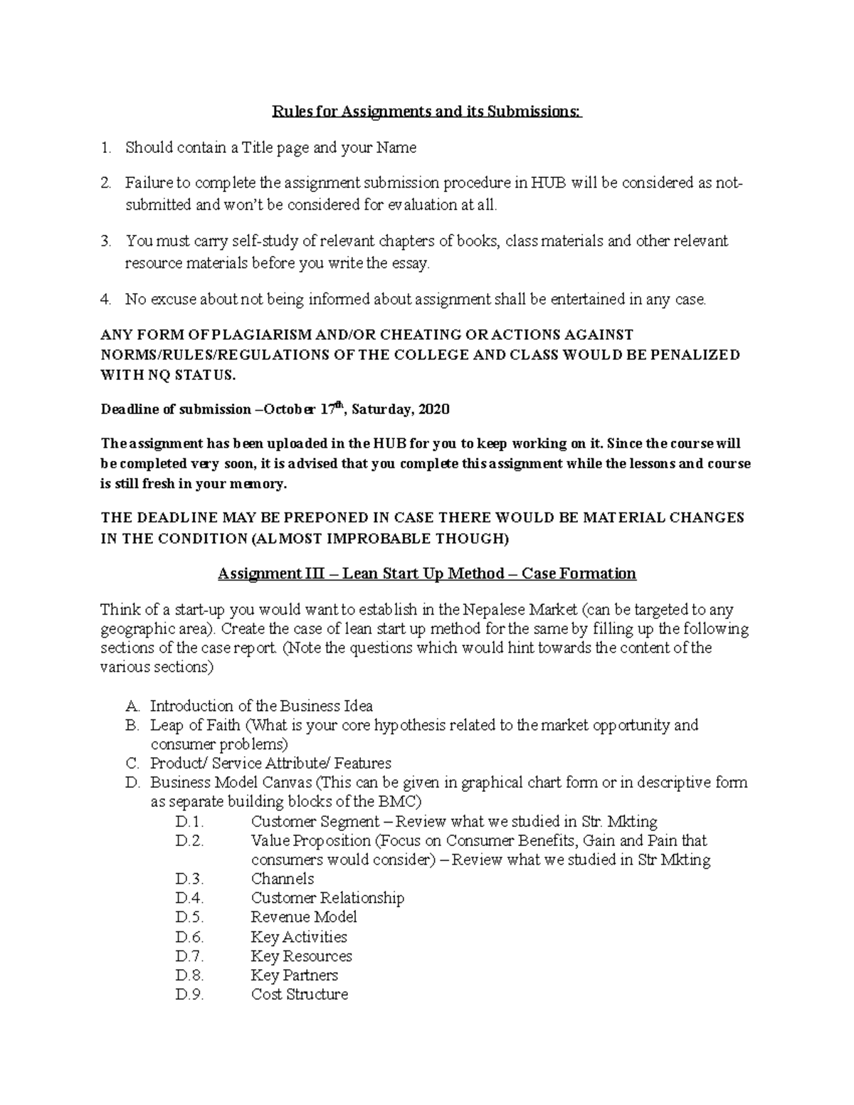 Assignment III - 17th Oct- Case formation- Lean Start Up - Copy - Rules ...