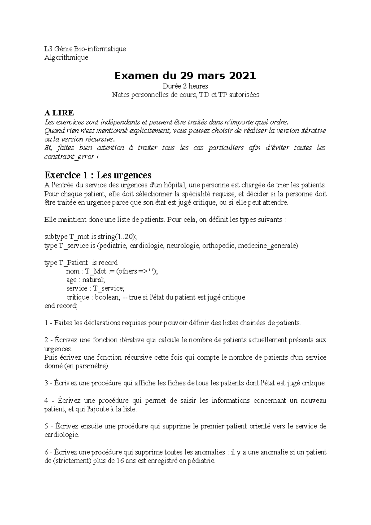 Algo L3 20 21 - algorithmes - L3 Génie Bio-informatique Algorithmique Examen du 29 mars 2021 ...