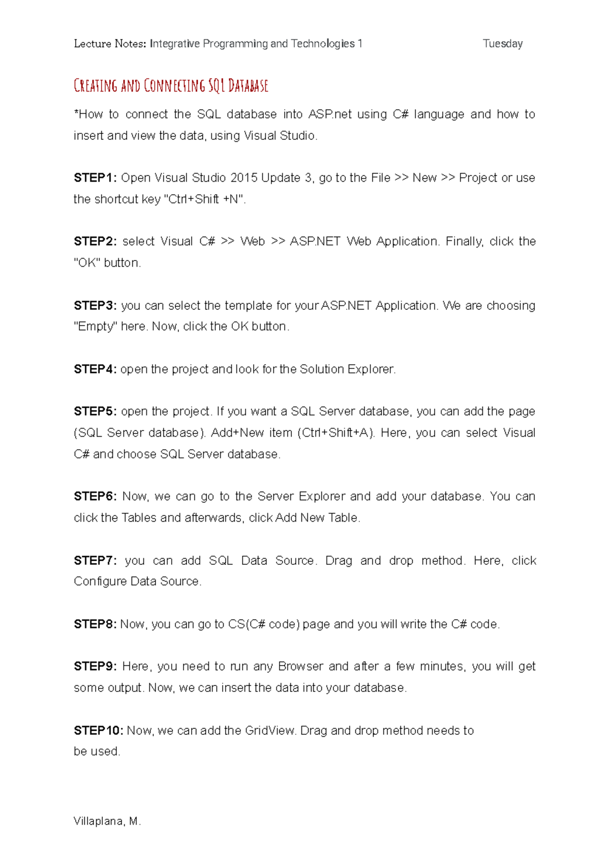 Creating and Connecting SQL Database - Week10(Lecture Notes) - Lecture ...