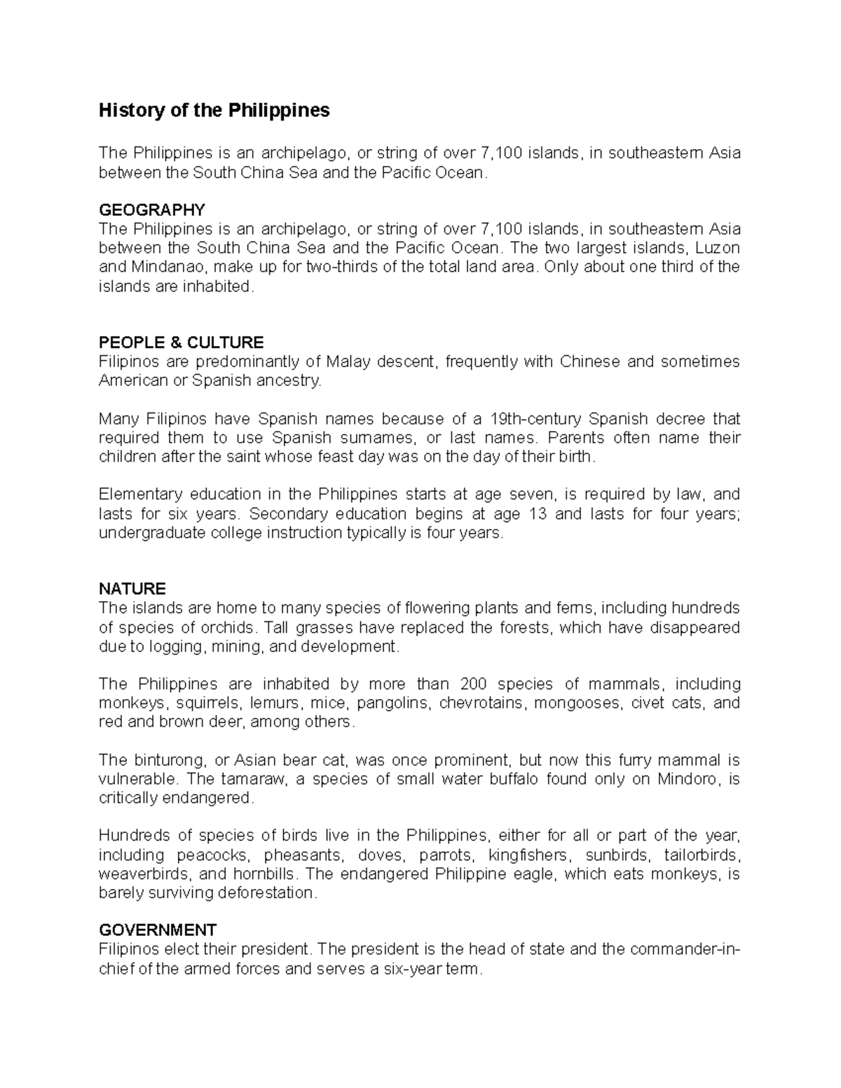 History of the Philippines - GEOGRAPHY The Philippines is an ...