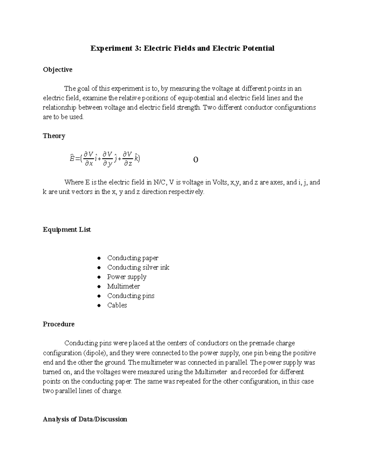 PHYS 221 Lab 3 - PHYS 221 Lab 3 - Experiment 3: Electric Fields and Electric Potential Objective ...