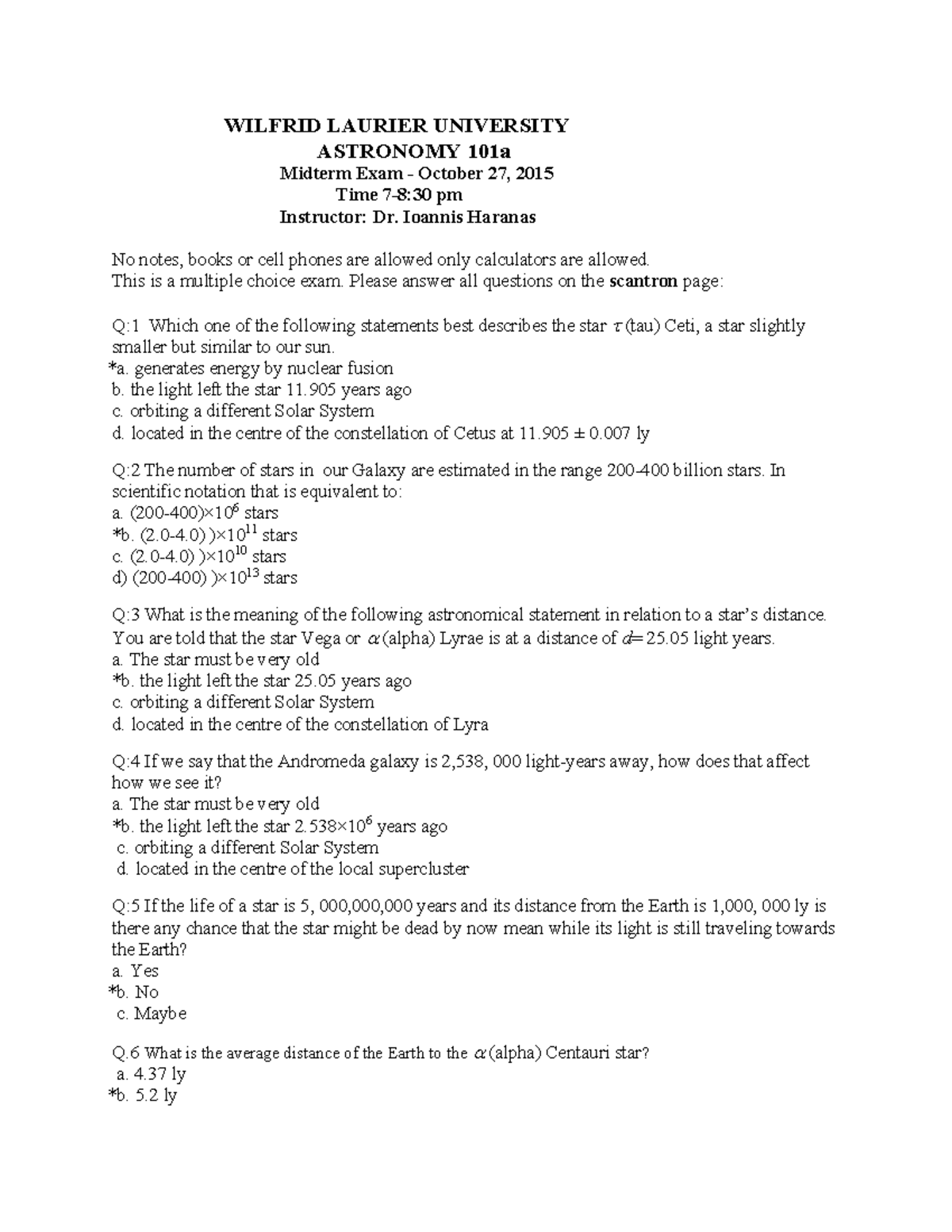 Midterm 2015, questions - WILFRID LAURIER UNIVERSITY ASTRONOMY 101a Midterm Exam - October 27 ...