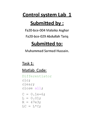 Lab2 Rubrics - lab ubrics - R ubrics for Control Systems Lab (EEE325) Lab # 02 Lab Title: - Studocu