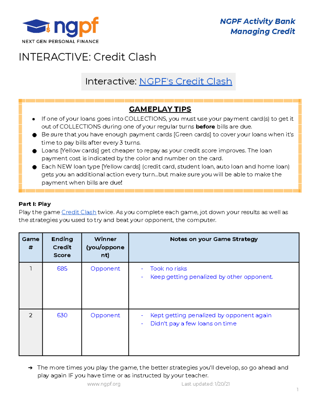 Interactive Credit Clash - NGPF Activity Bank Managing Credit ...