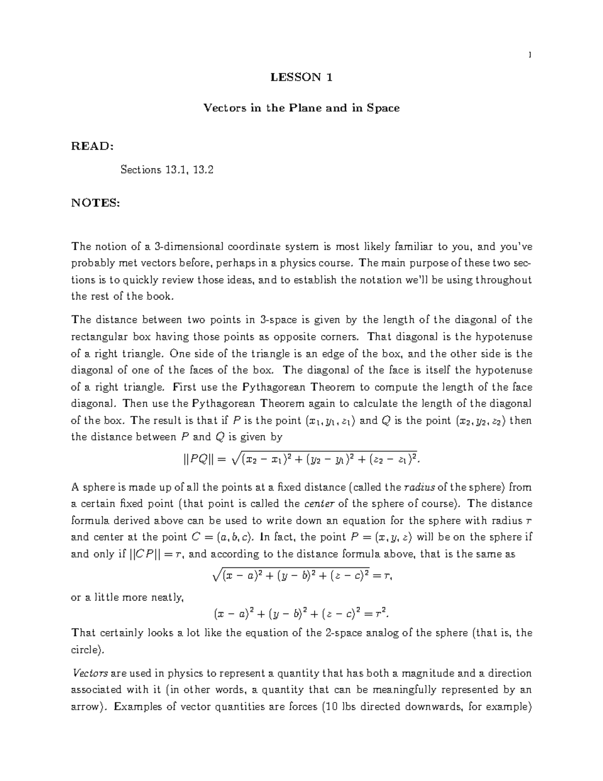 L1 Notes - LESSON 1 Vectors in the Plane and in Space READ: Sections 13 ...