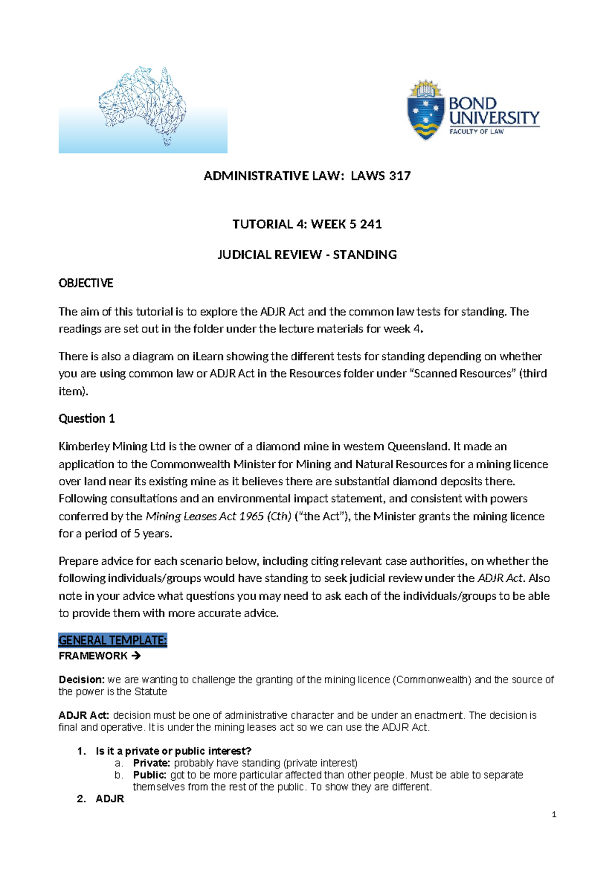 wk 5 standing tutorial - ADMINISTRATIVE LAW: LAWS 317 TUTORIAL 4: WEEK 5 241 JUDICIAL REVIEW ...