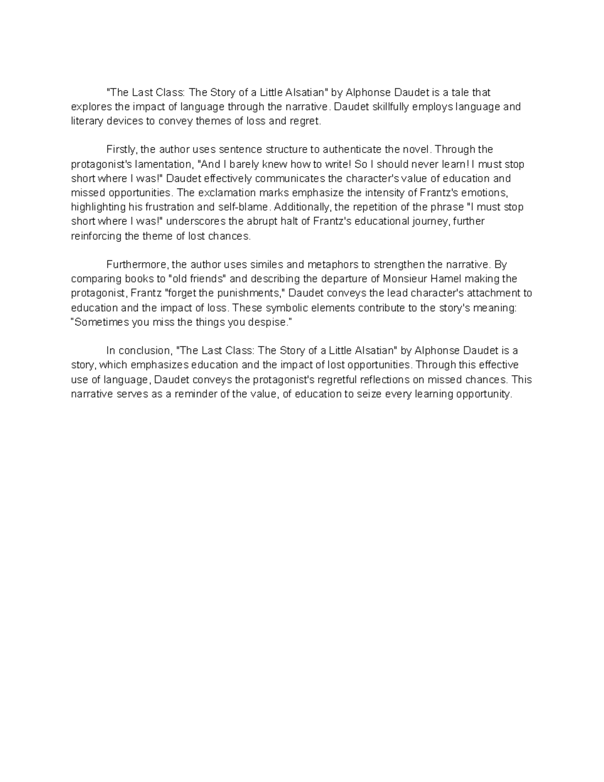 The Last Class The Story of a Little Alsatian by Alphonse Daudet is a ...